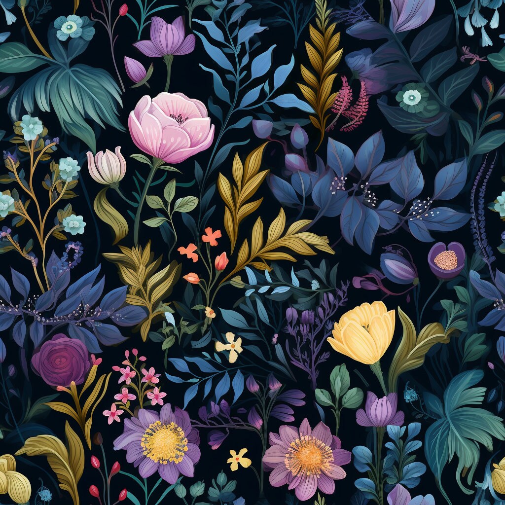 Midnight Flowers Digital Paper, Seamless Pattern, Print Papers, Flower ...