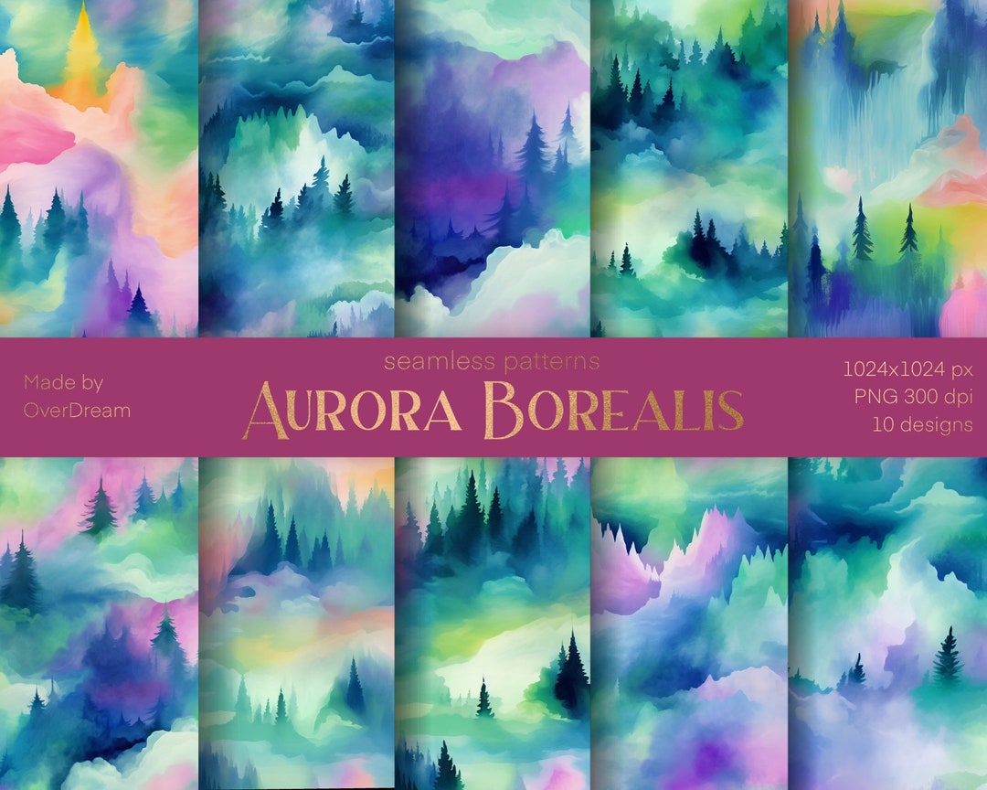 Seamless Watercolour Aurora Borealis Digital Paper, Seamless Pattern ...