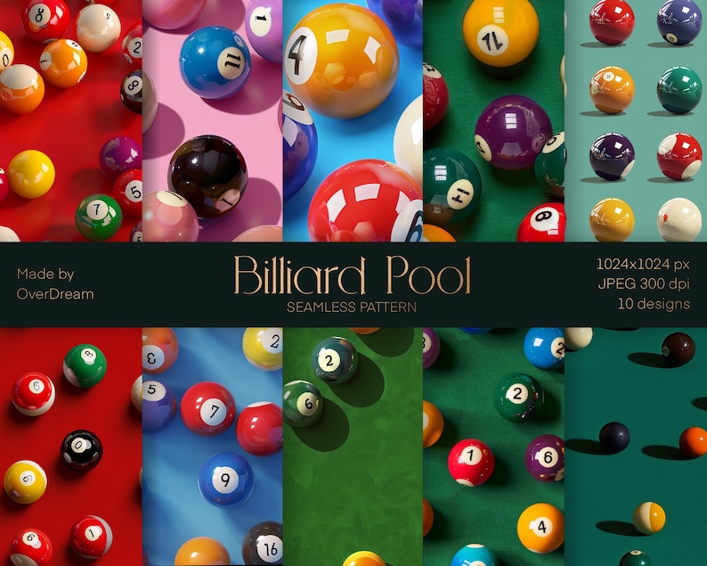 Billiard Pool Digital Paper, Printable File, Balls Elements Seamless ...