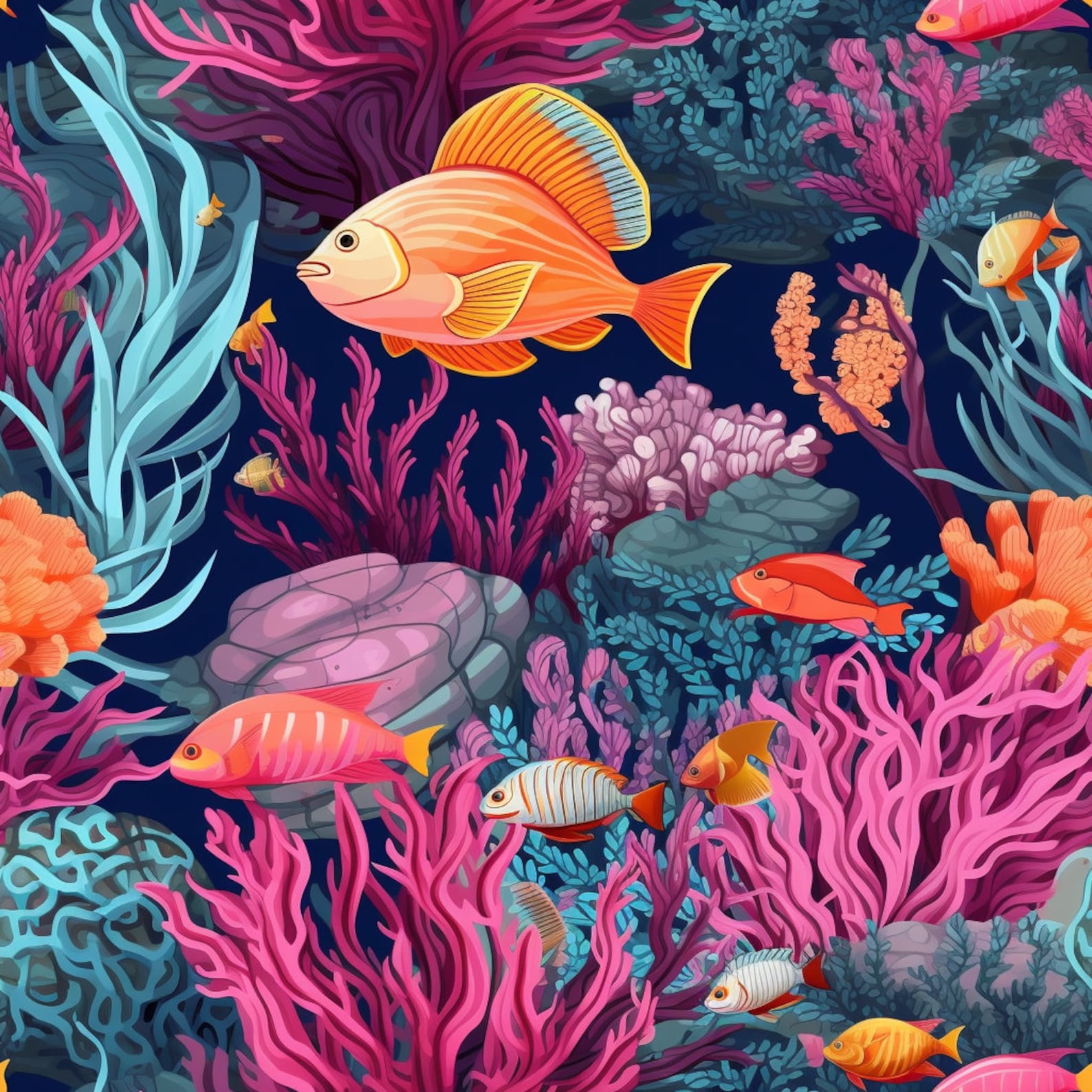 Underwater Digital Paper, Marine Life Seamless Pattern, Corals and Fish ...