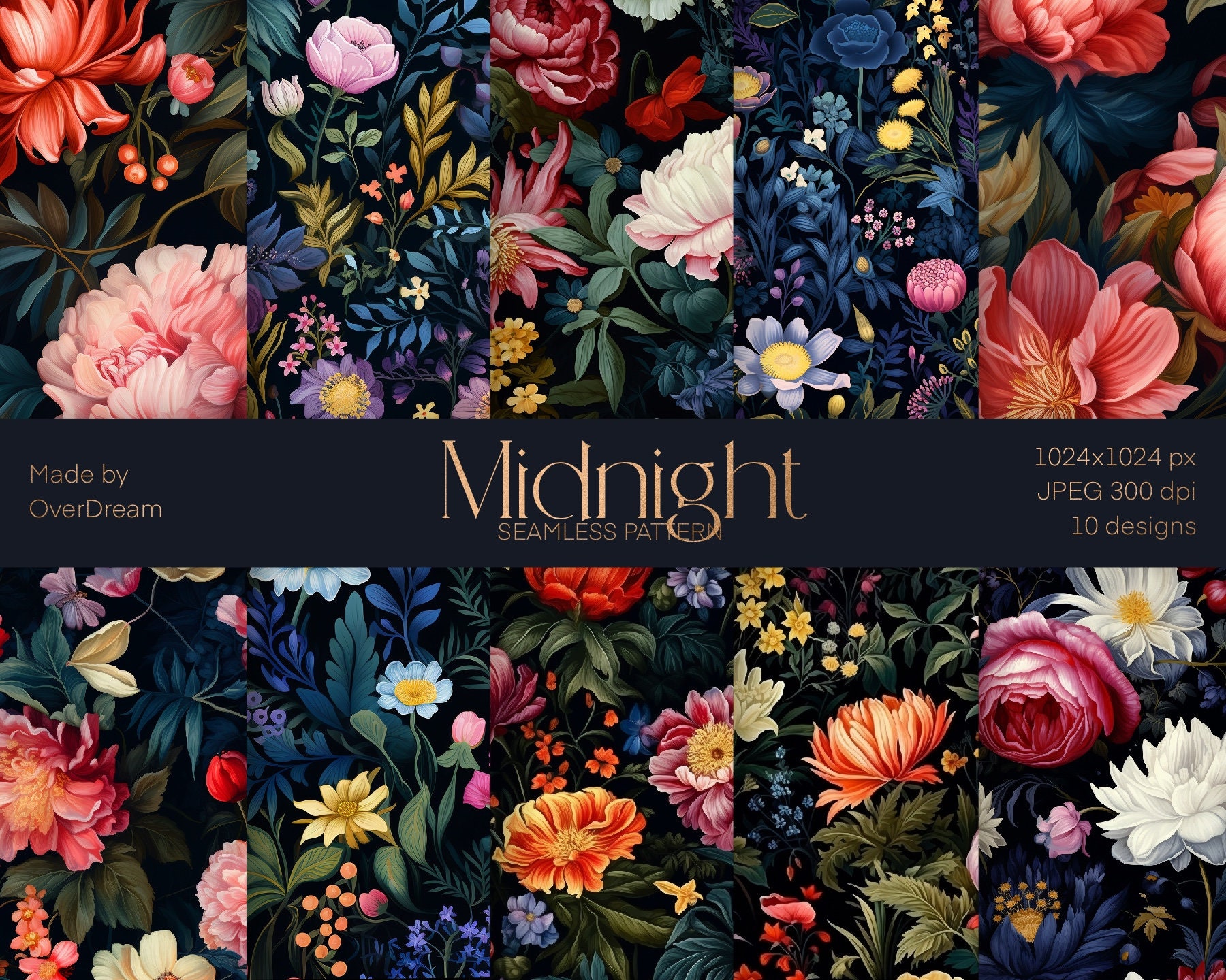 Midnight Flowers Digital Paper, Seamless Pattern, Print Papers, Flower ...