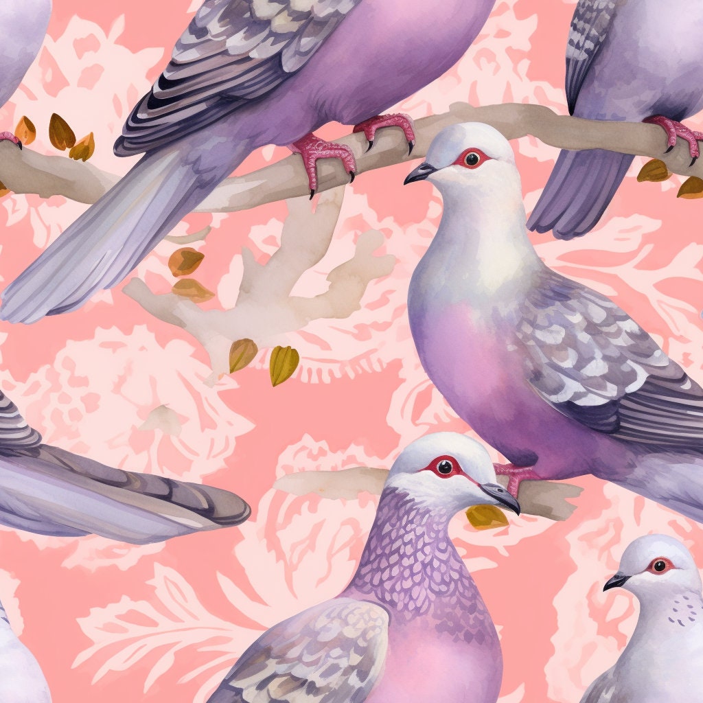 Seamless Watercolour Pigeons Digital Paper, Birds and Flowers Seamless ...