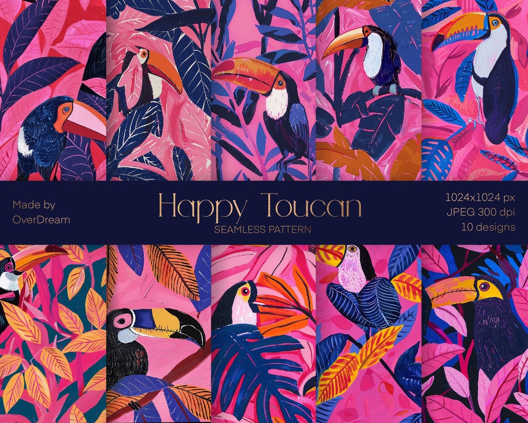 Happy Toucan Seamless Pattern Pack, Scrapbooking Craft Supplies, Jungle ...