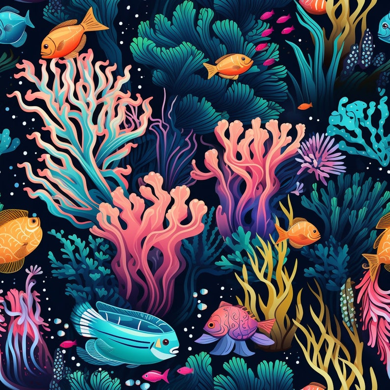 Underwater Digital Paper, Marine Life Seamless Pattern, Corals and Fish ...