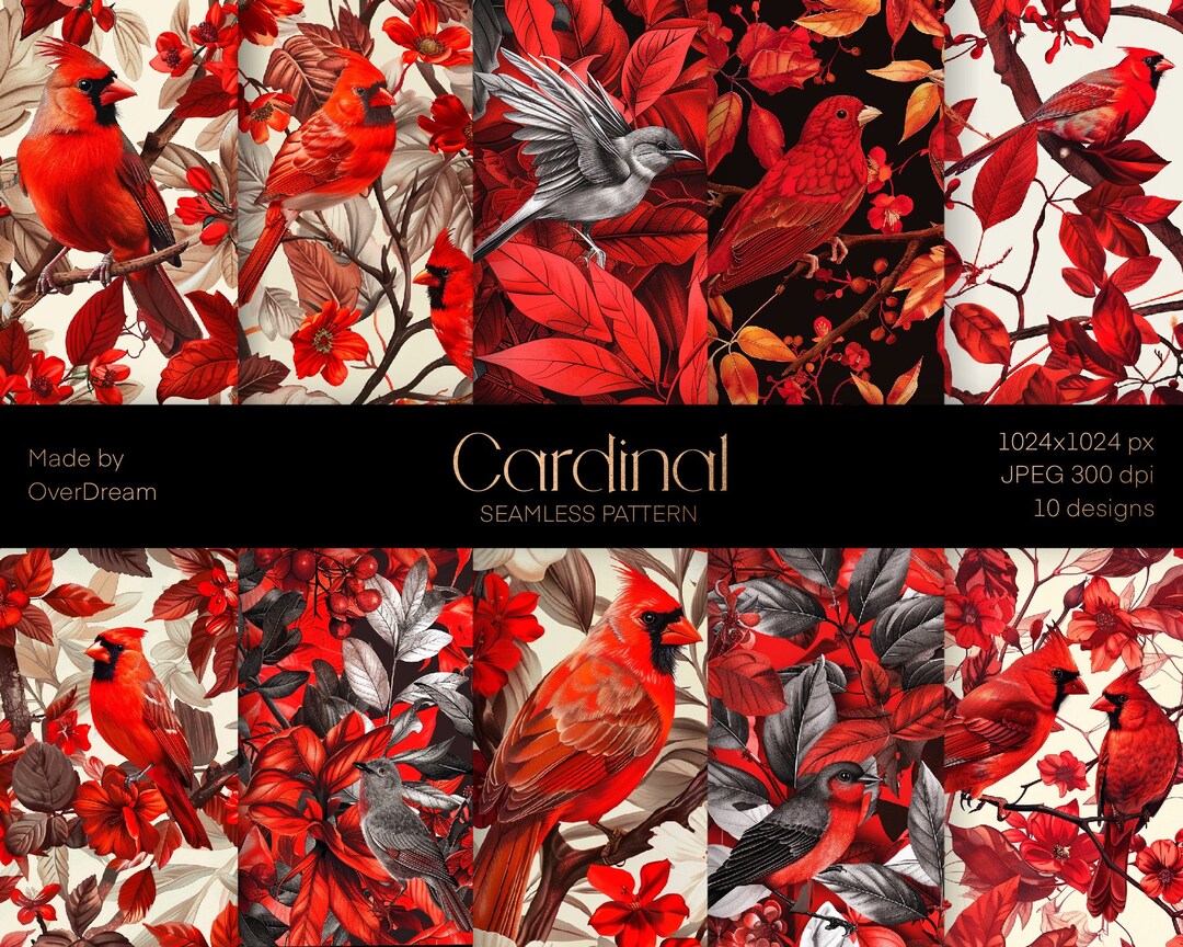 Northern Cardinal Digital Paper, Red Bird Seamless Pattern, Winter ...