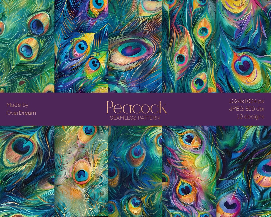Peacock Digital Paper, Printable File, Birds Elements Seamless Pattern ...