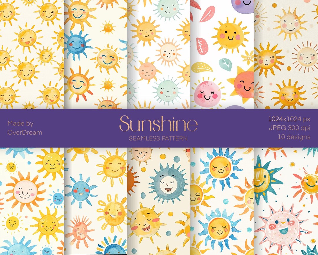 Sunshine Digital Paper, Printable File, Solar Elements Seamless Pattern ...