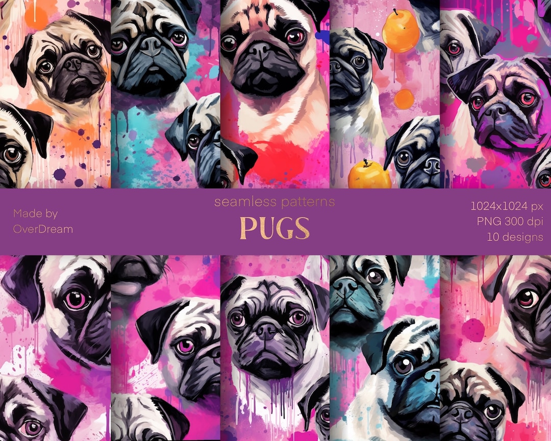 Seamless Watercolour Pugs Digital Paper, Mops Seamless Pattern, Pink ...