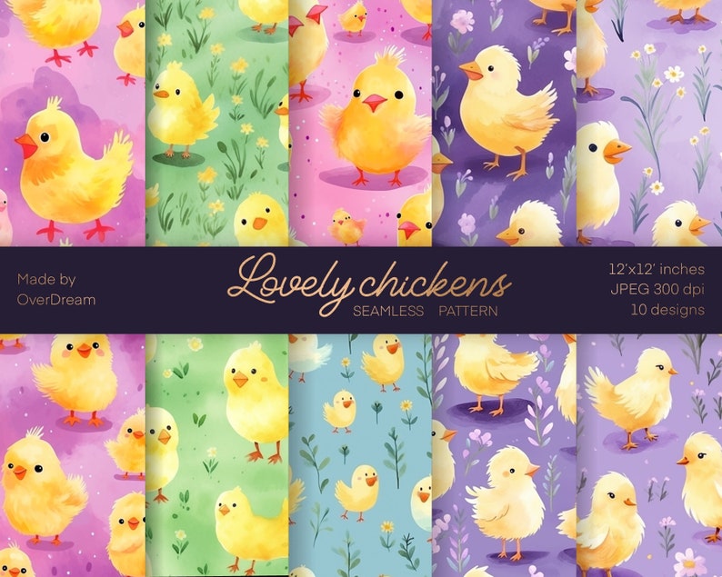 Seamless Watercolour Chickens Digital Paper, Birds Seamless Pattern ...