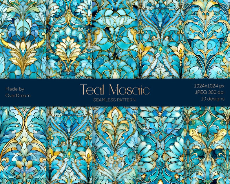 Tile Mosaic Digital Paper, Green Glass Seamless Pattern, Mosaic Paper ...