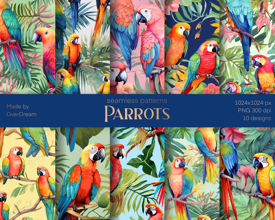 Seamless Watercolour Parrots Digital Paper, Birds and Flowers Seamless ...