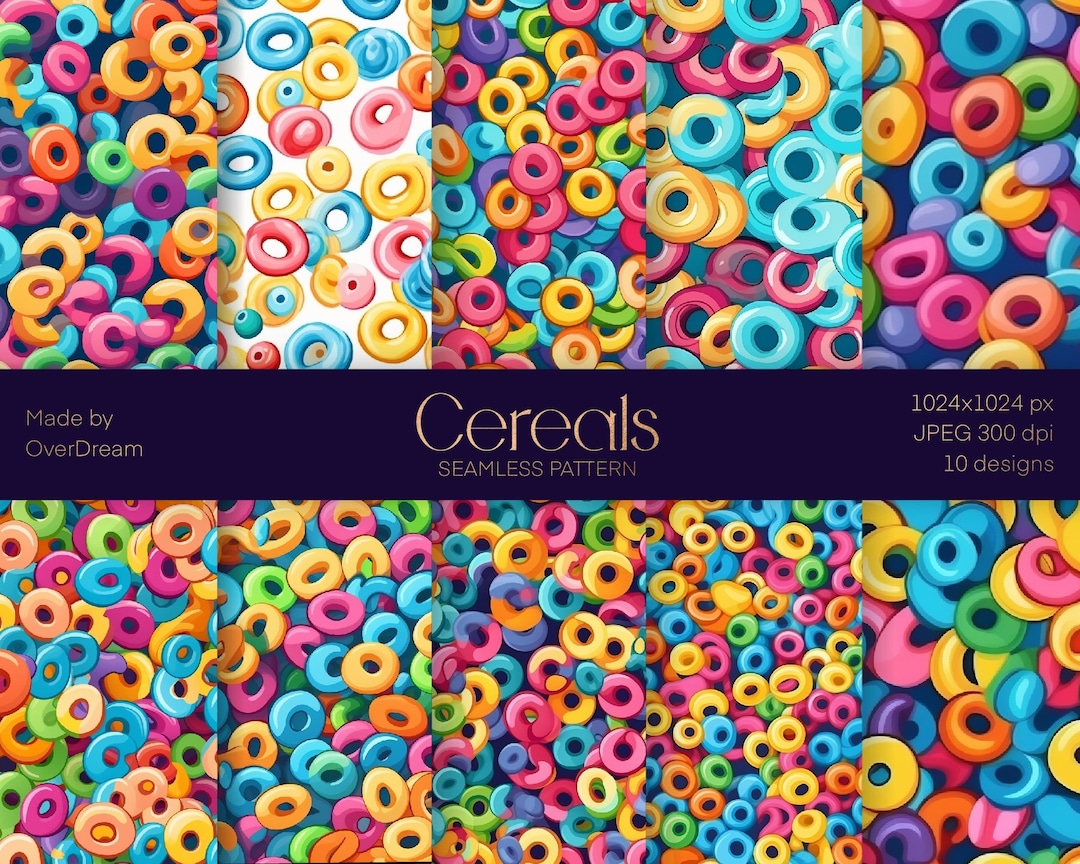 Cereals Digital Paper, Cereal Loops Seamless Pattern, Breakfast Collage ...