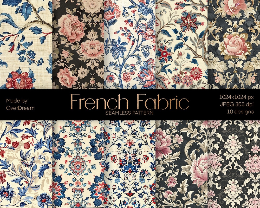 French Fabric Design, Printable File, Floral Elements Seamless Pattern ...