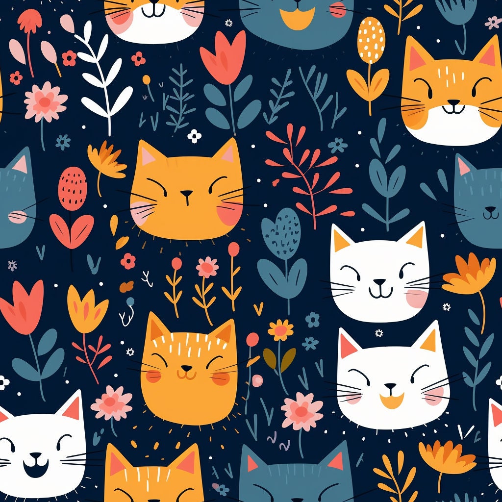 Happy Cats Seamless Pattern, Printable Wrapping Paper, Cats Decor ...