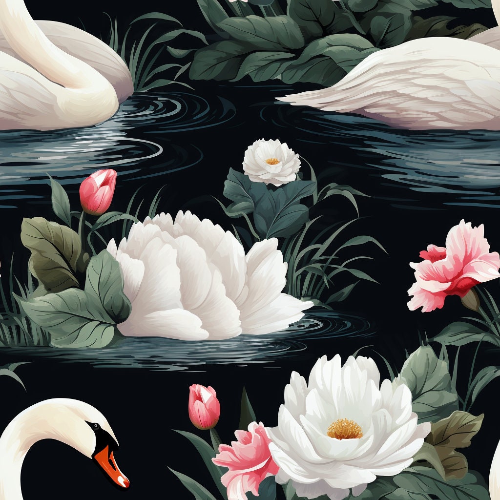 Seamless Watercolour SWAN Digital Paper, Birds Seamless Pattern, Dark ...