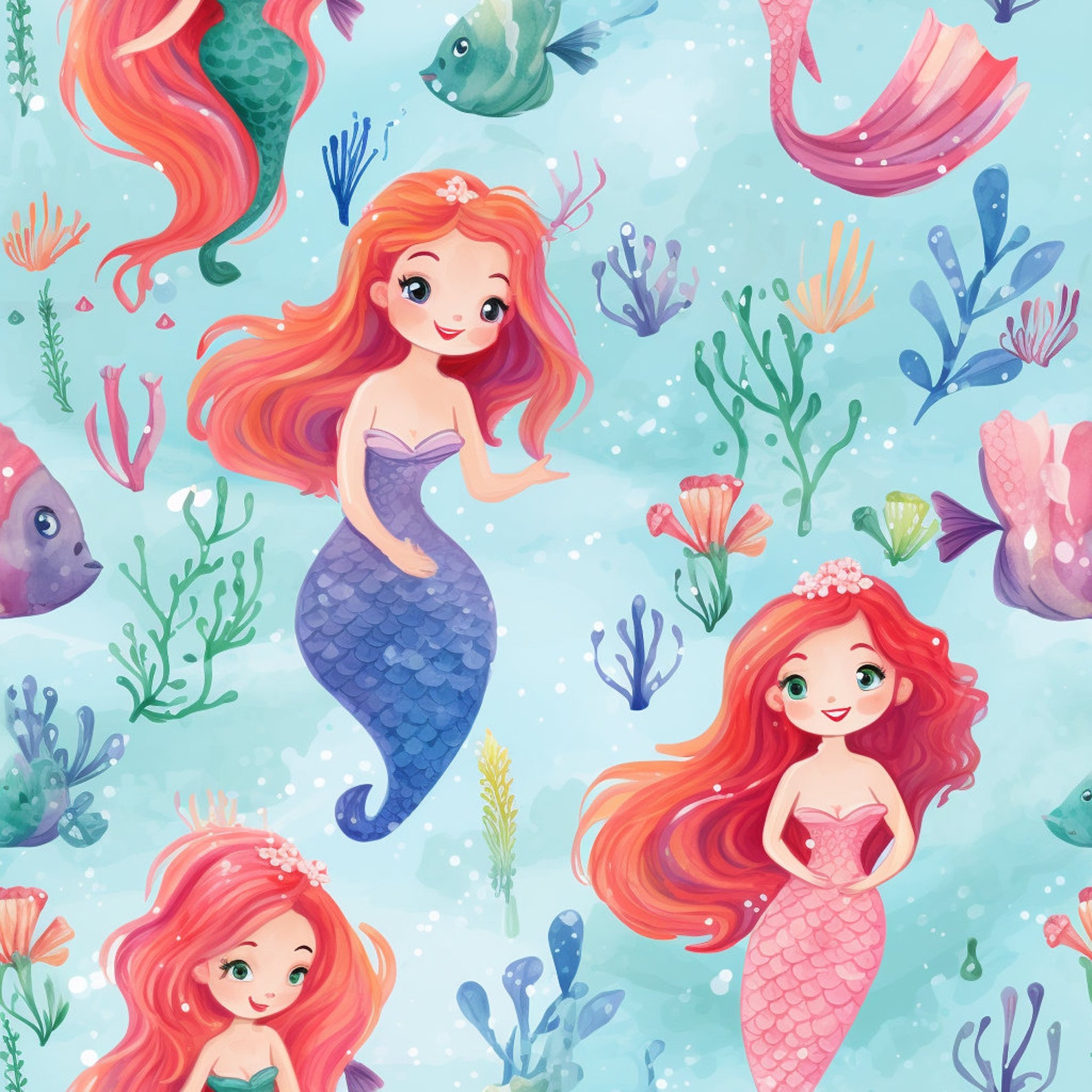 Mermaid Digital Paper Mermaid Seamless Pattern Marin Life - Etsy