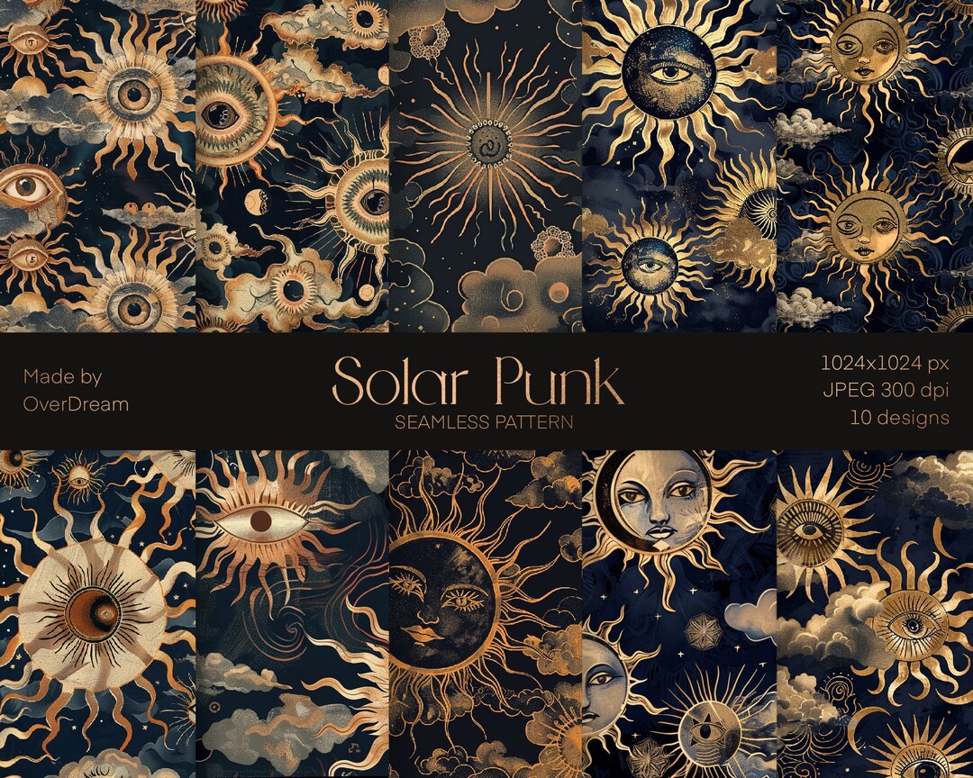 Solar Punk Digital Paper, Sun Seamless Pattern, Vintage Sky Paper, Sky ...