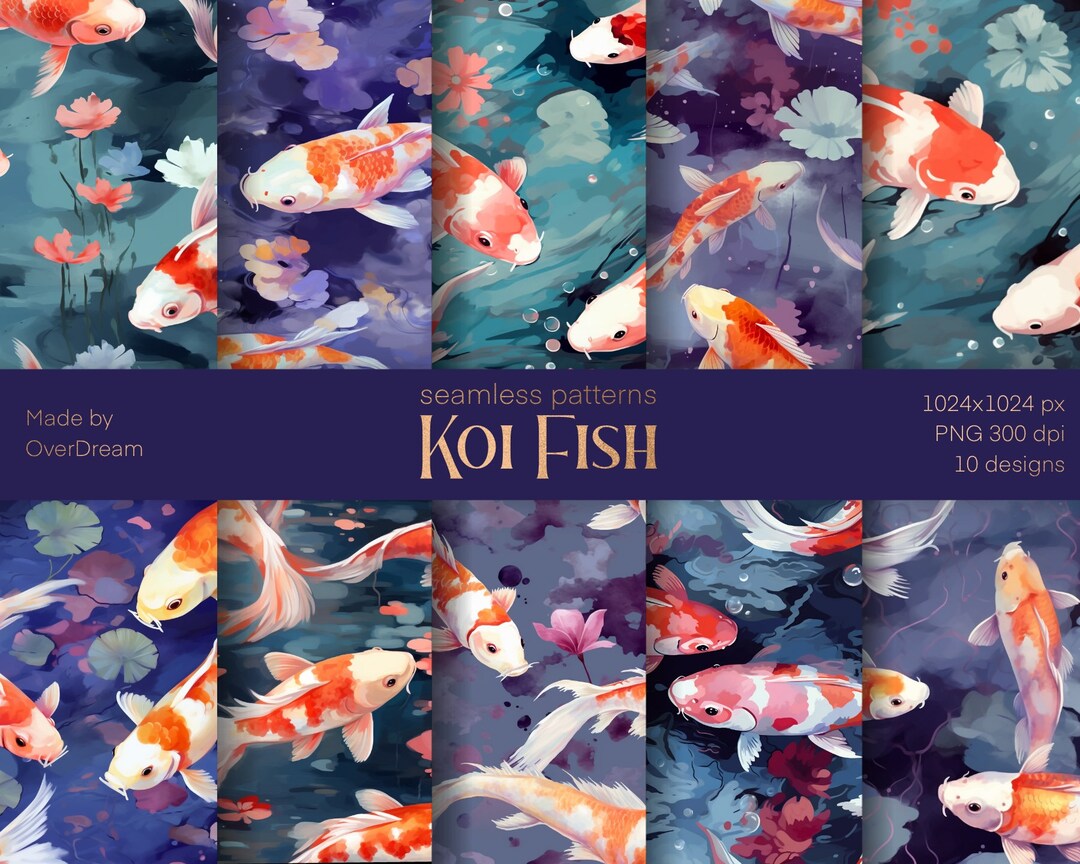 Seamless Watercolour Koi Fish Digital Paper, Fishes Seamless Pattern ...