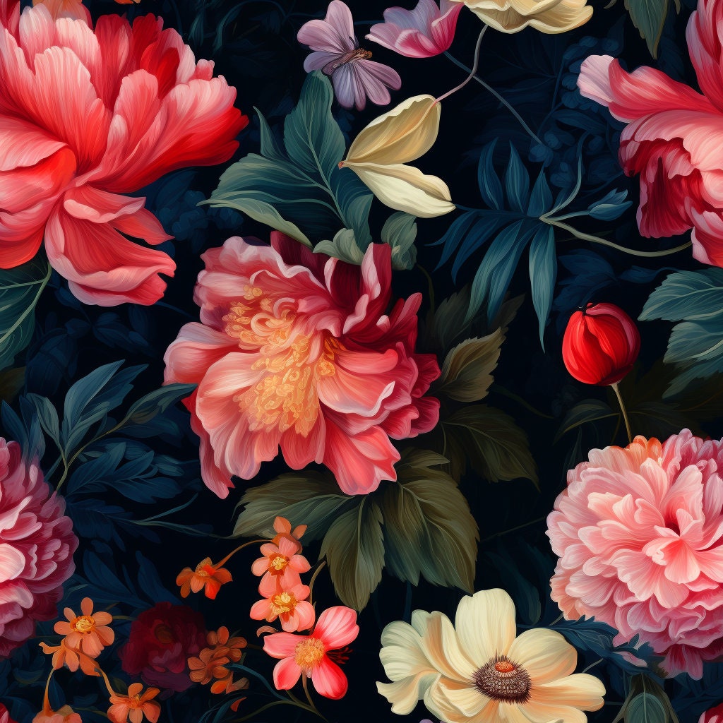 Midnight Flowers Digital Paper, Seamless Pattern, Print Papers, Flower ...
