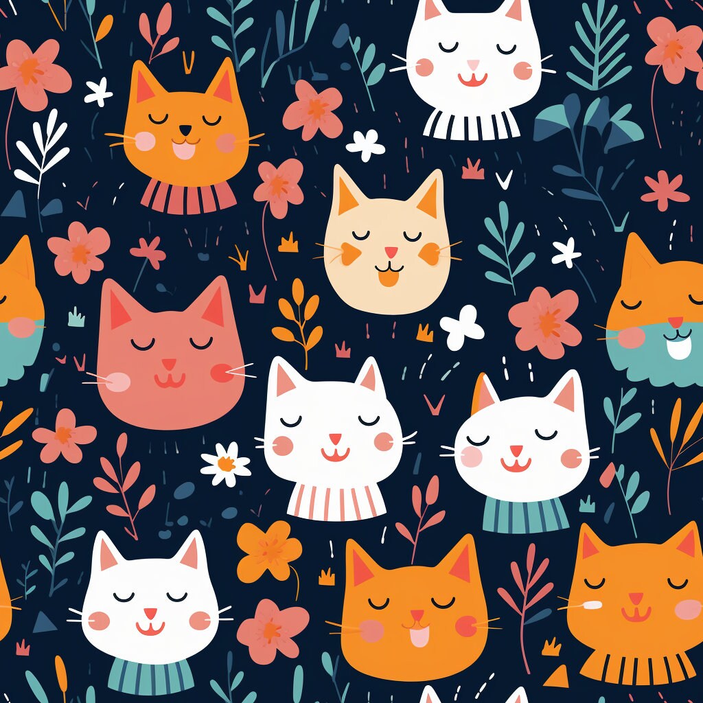 Happy Cats Seamless Pattern, Printable Wrapping Paper, Cats Decor ...