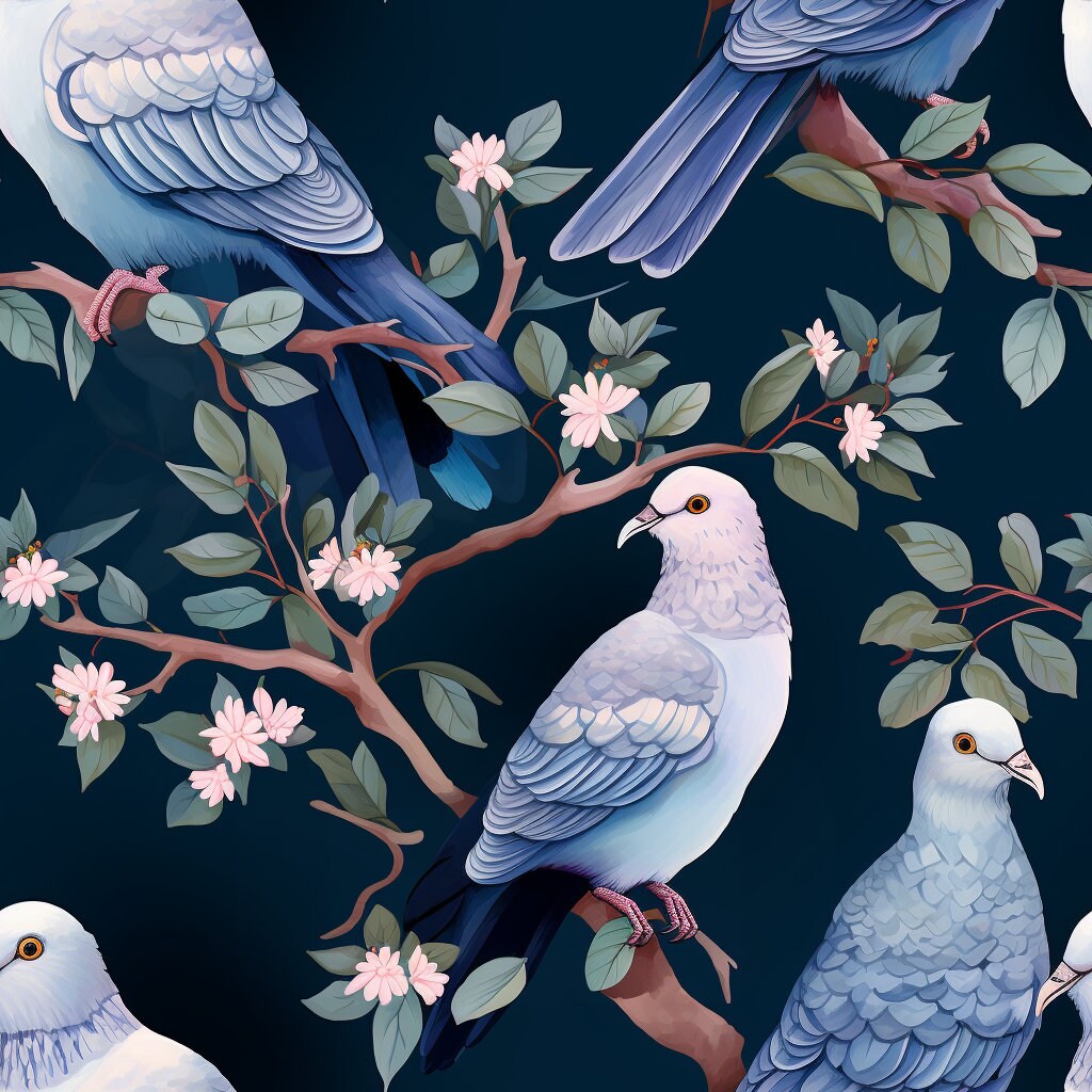 Seamless Watercolour Pigeons Digital Paper, Birds and Flowers Seamless ...