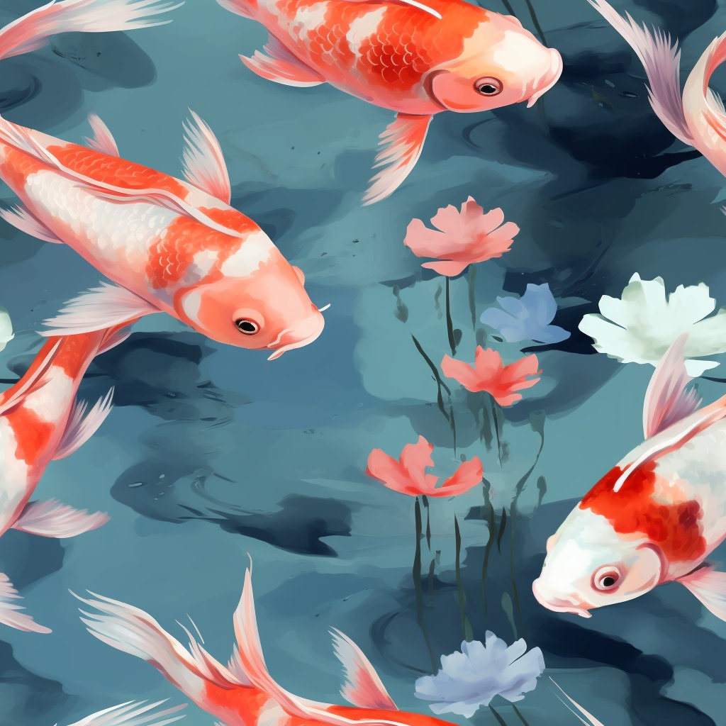 Seamless Watercolour Koi Fish Digital Paper, Fishes Seamless Pattern ...