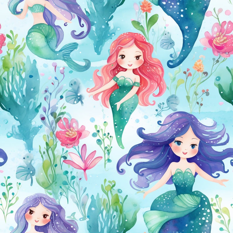 Mermaid Digital Paper, Mermaid Seamless Pattern, Marin Life Paper Pack ...
