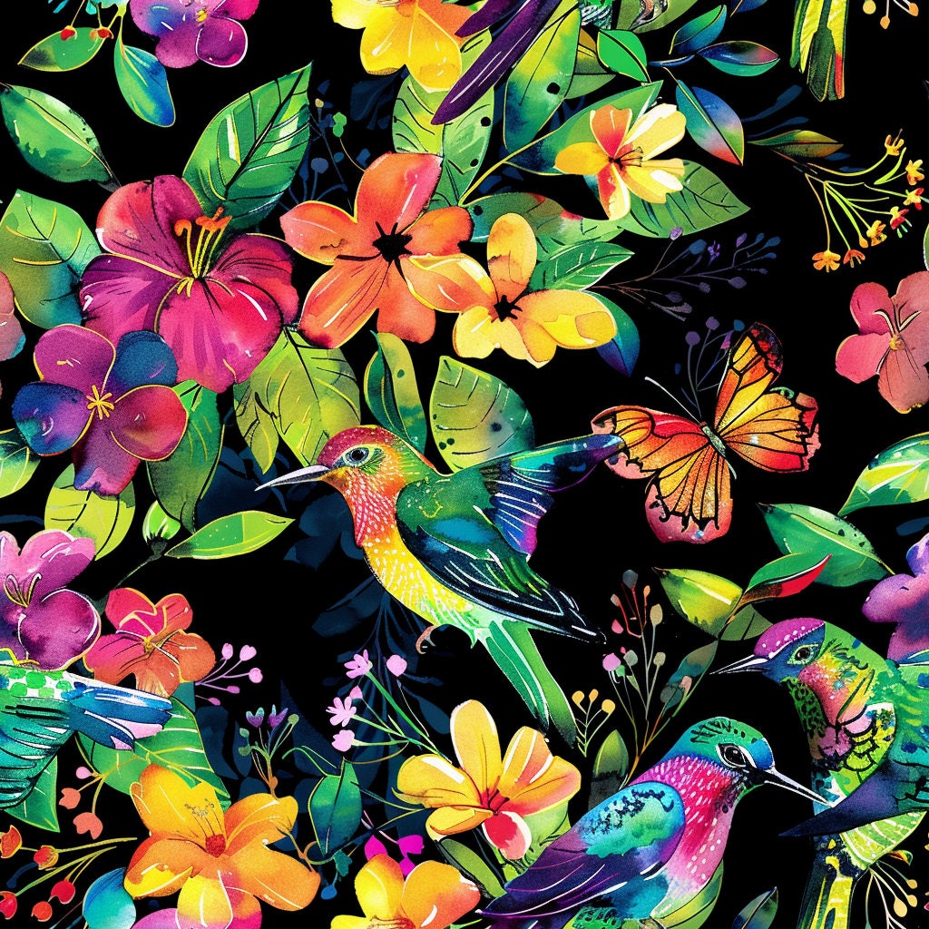 Neon Birds Digital Paper, Printable File, Botanical Elements Seamless ...