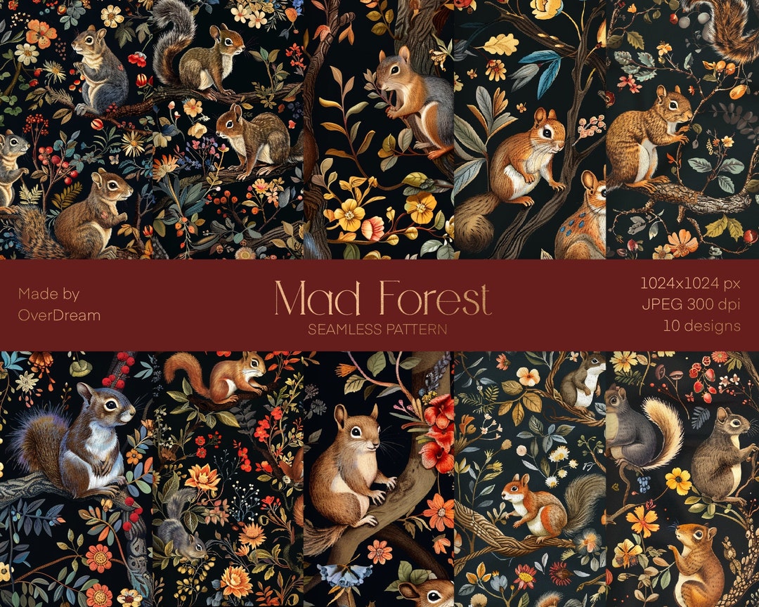 Mad Forest Digital Paper, Printable File, Squirel Seamless Pattern ...