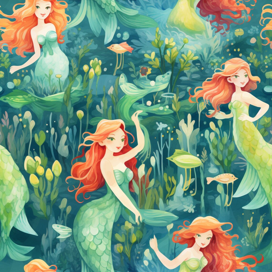 Mermaid Digital Paper Mermaid Seamless Pattern Marin Life - Etsy