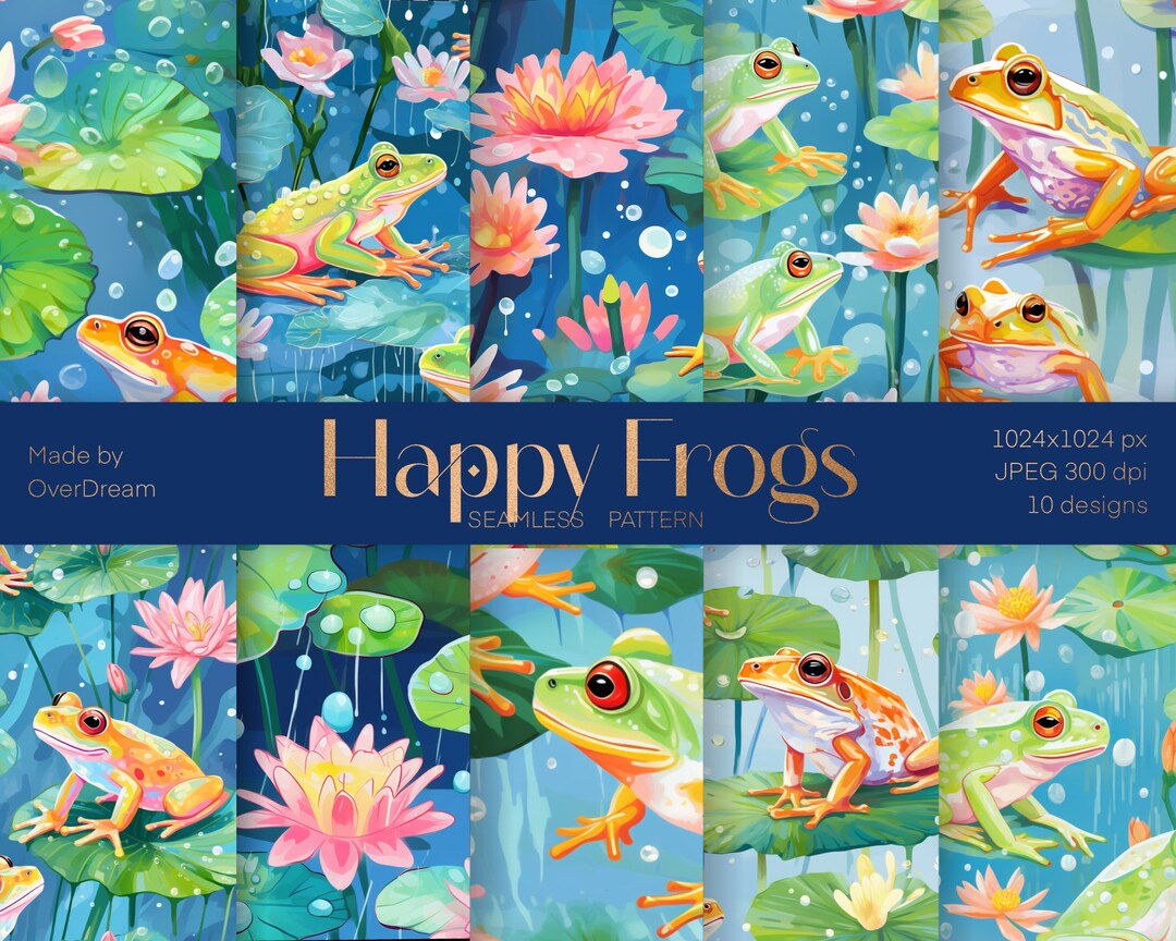 Happy Frogs, Digital Paper, Lilly Seamless Pattern, Floral Collage ...