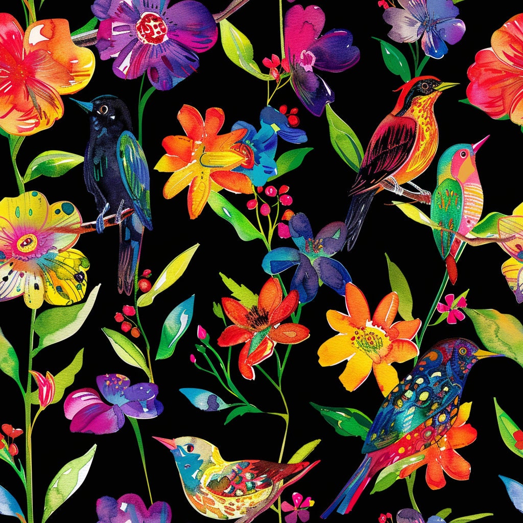 Neon Birds Digital Paper, Printable File, Botanical Elements Seamless ...
