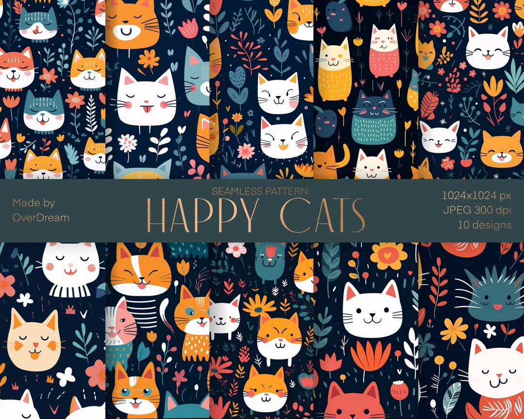 Happy Cats Seamless Pattern, Printable Wrapping Paper, Cats Decor ...