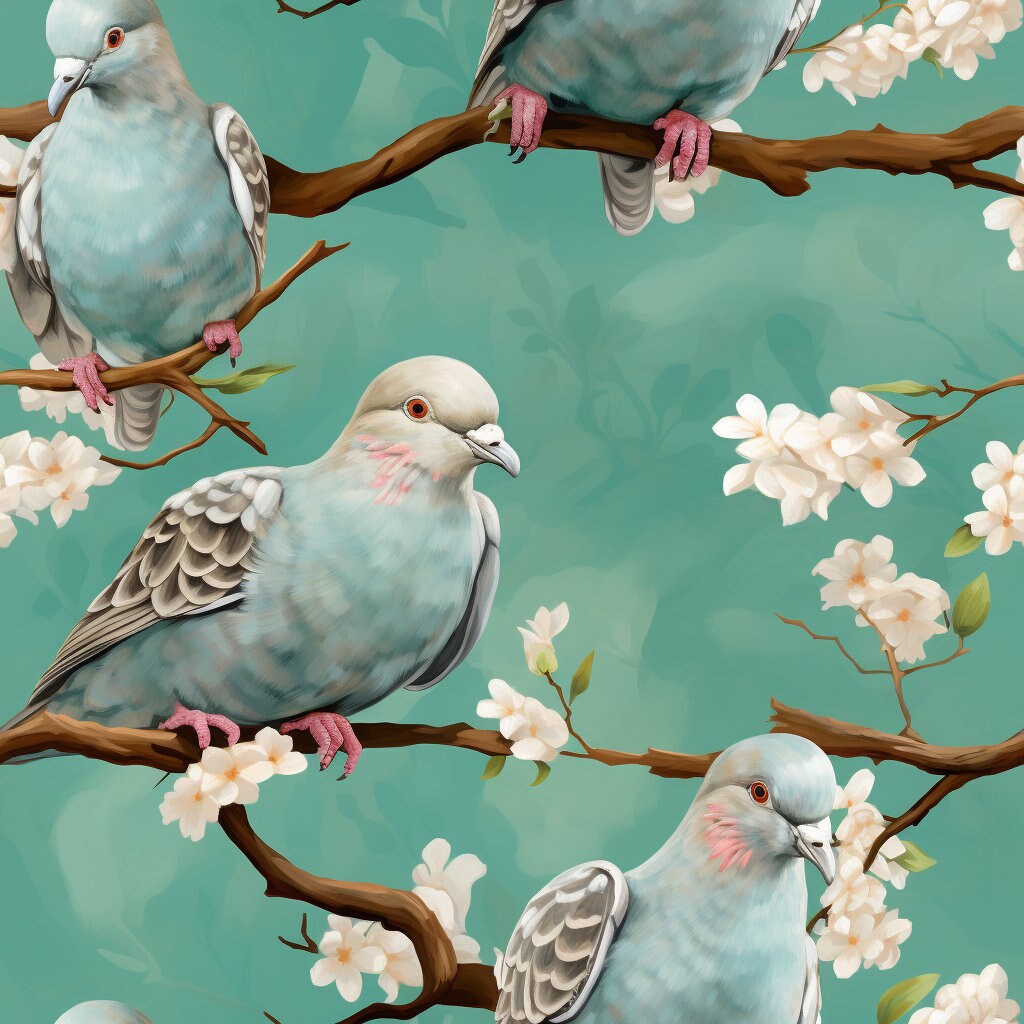 Seamless Watercolour Pigeons Digital Paper, Birds and Flowers Seamless ...