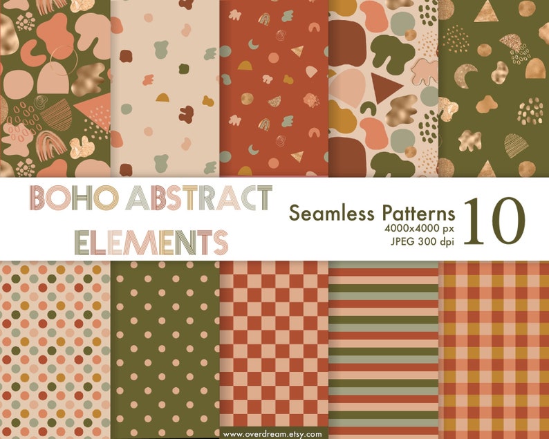 Earth Tones Boho Seamless Patterns, Abstract Shapes Digital Paper ...