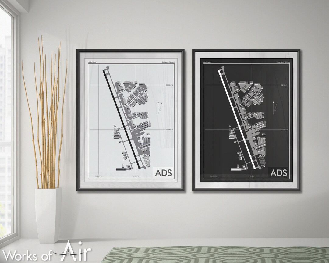 Addison Airport Art Print, ADS Airport Map Poster, Aviation Decor ...