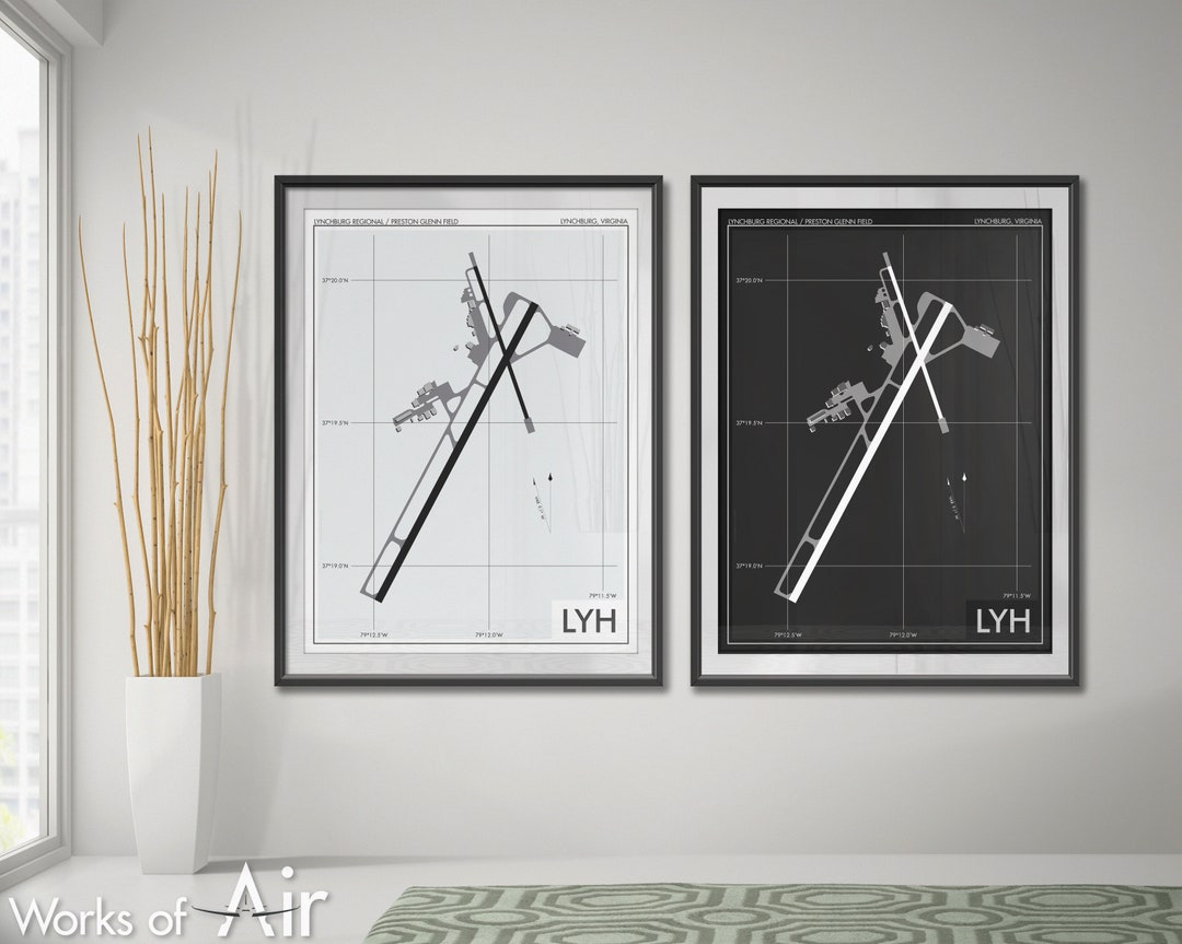 Lynchburg Regional Airport Art Print, LYH Airport Map Poster, Aviation ...