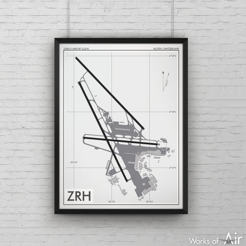Zurich Kloten Airport Art Print, ZRH Airport Map Poster, Aviation Decor ...