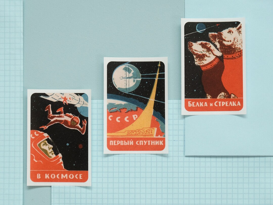 Soviet Space Sticker Set, Belka Strelka Space Dogs, Cosmonaut Sputnik ...
