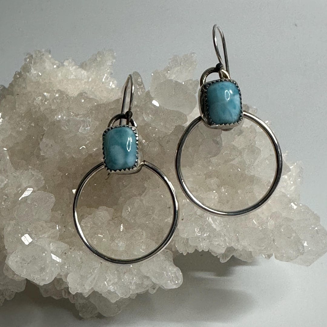 Larimar & Sterling Silver Hoops, Artisan Designed, Handmade - Etsy