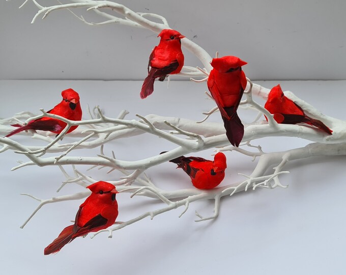 6 Artificial Woodland Red Cardinal Feathered Garden Foam Birds Flower ...