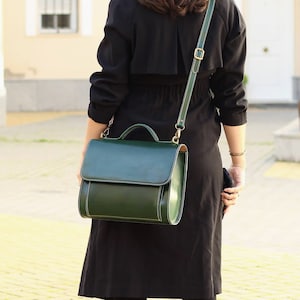 Green Leather Top Handle Crossbody Purse, Cowhide Handbag With Top ...