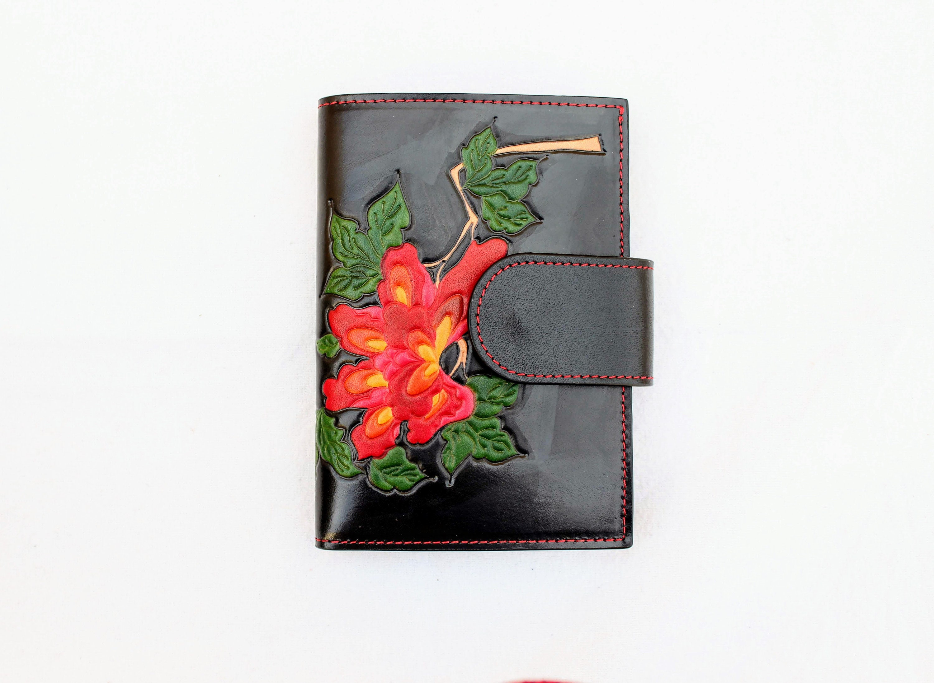 Hand painted leather wallet women bifold black Leather wallet | Etsy