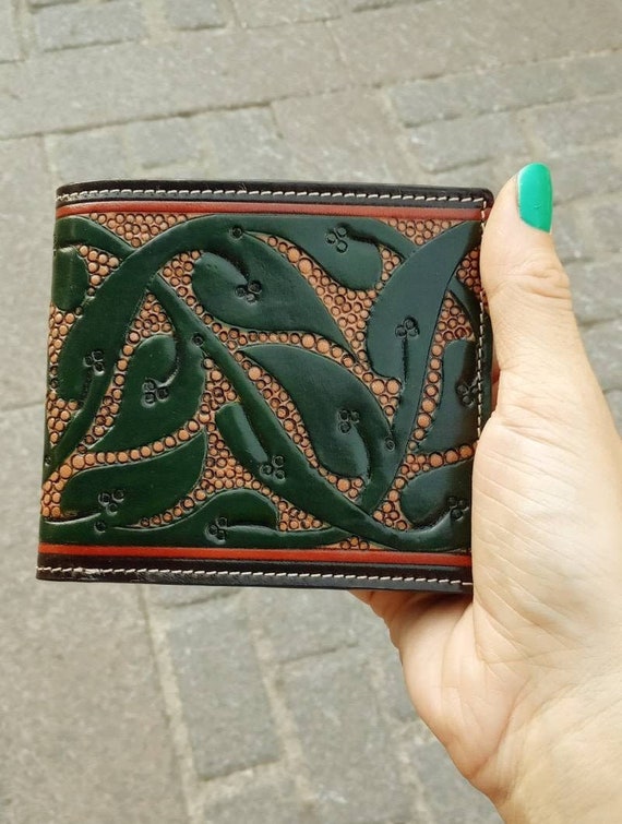 Bifold wallet men Botanical lover gift Hand painted leather | Etsy