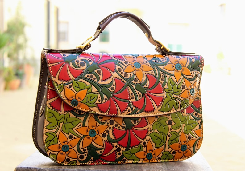 Vintage Top Handle Leather Bag Tooled Leather Bag With - Etsy