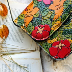 Leaves Patterned Tooled Leather Purse, Unique Patterned Mini Crossbody ...