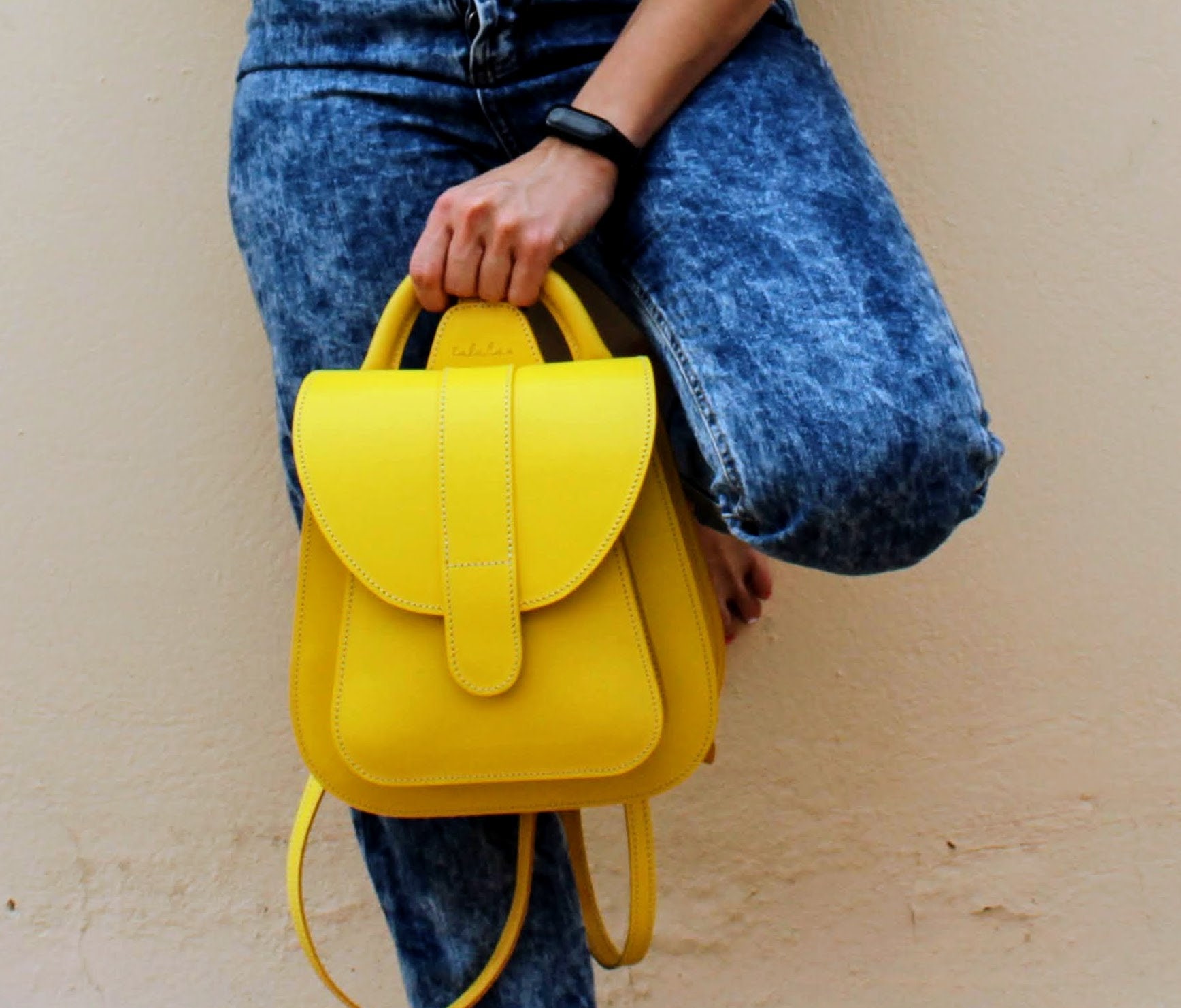 Yellow leather backpack purse for women Hand made rucksack | Etsy España
