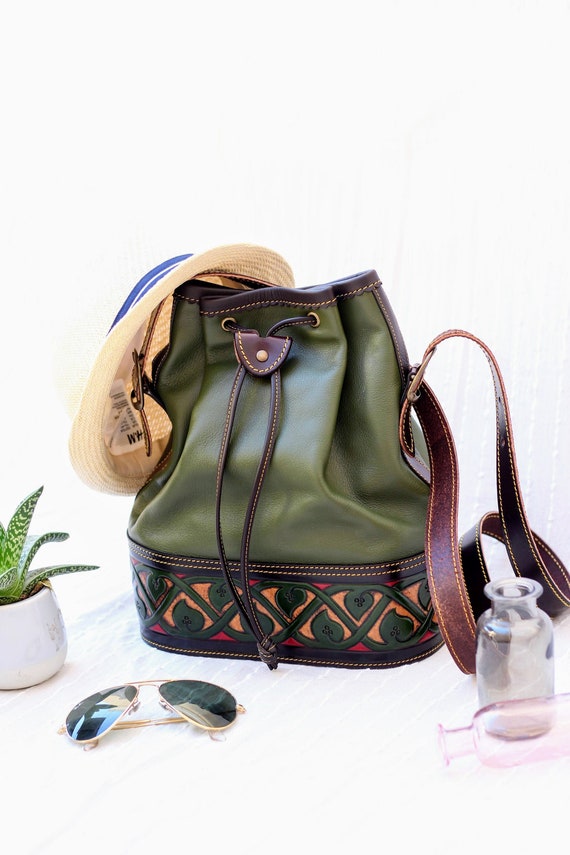Leather Drawstring Bag for Women Crossbody Green Leather | Etsy