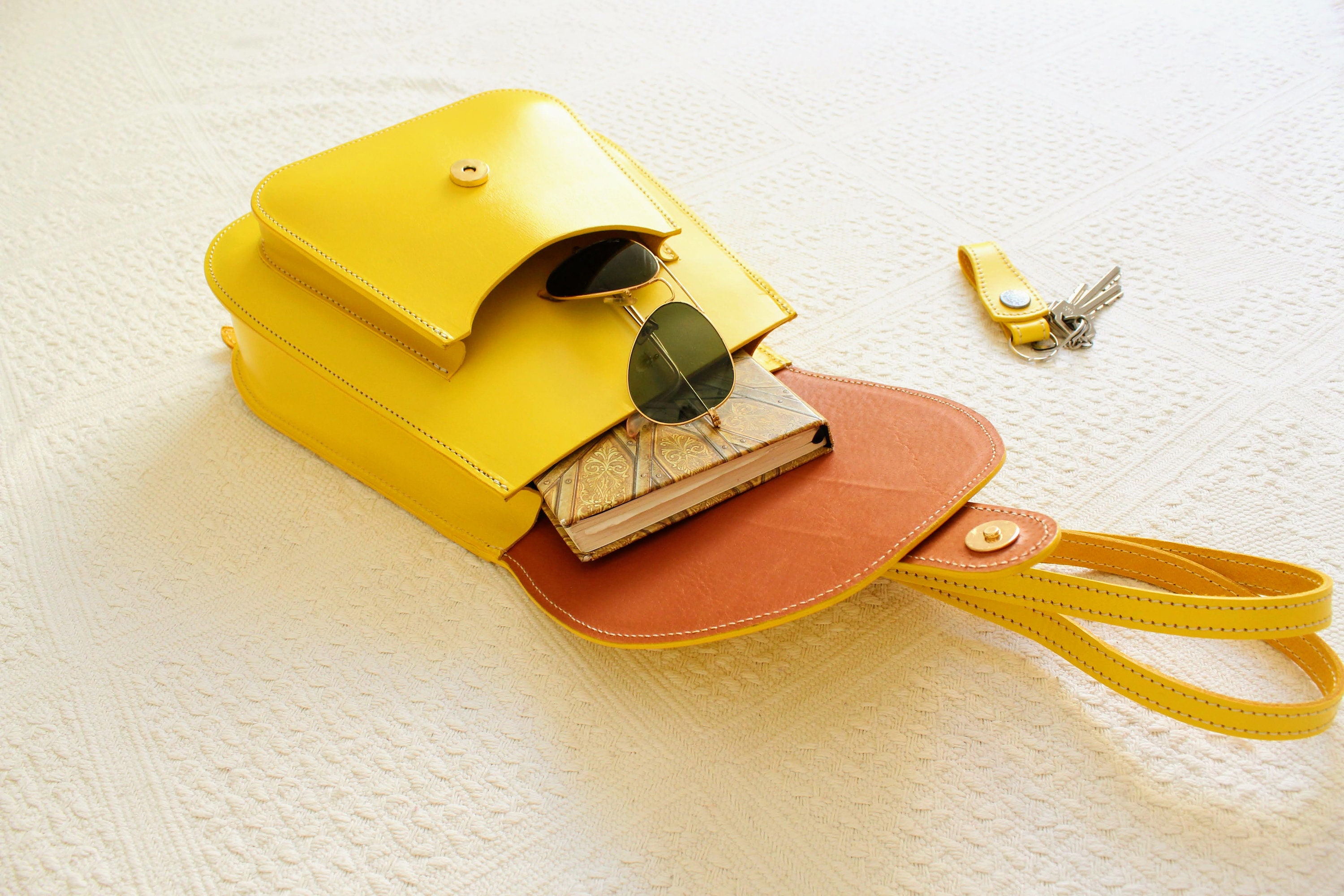 Yellow leather backpack purse for women Hand made rucksack - Etsy España