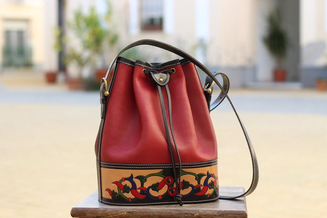 Red Leather Bucket Bag for Women, Crossbody Drawstring Leather Bag ...